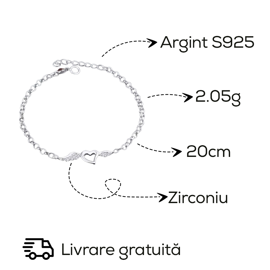 Bratara argint 925 inimioara aripa de inger | Accessories For You | Afy.ro