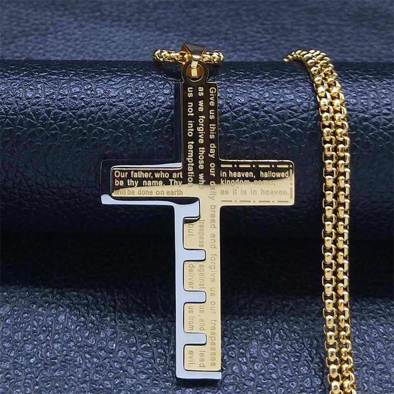 Colier auriu placat aur cruce text religios | Accessories For You | Afy.ro