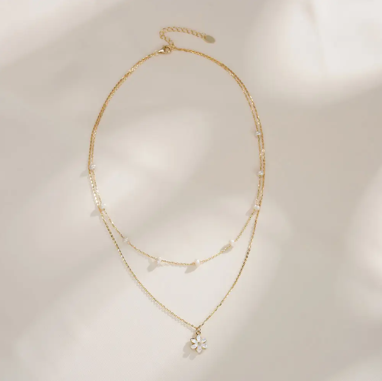 Colier dublu argint 925 placat aur Delicate pearls and flower ...